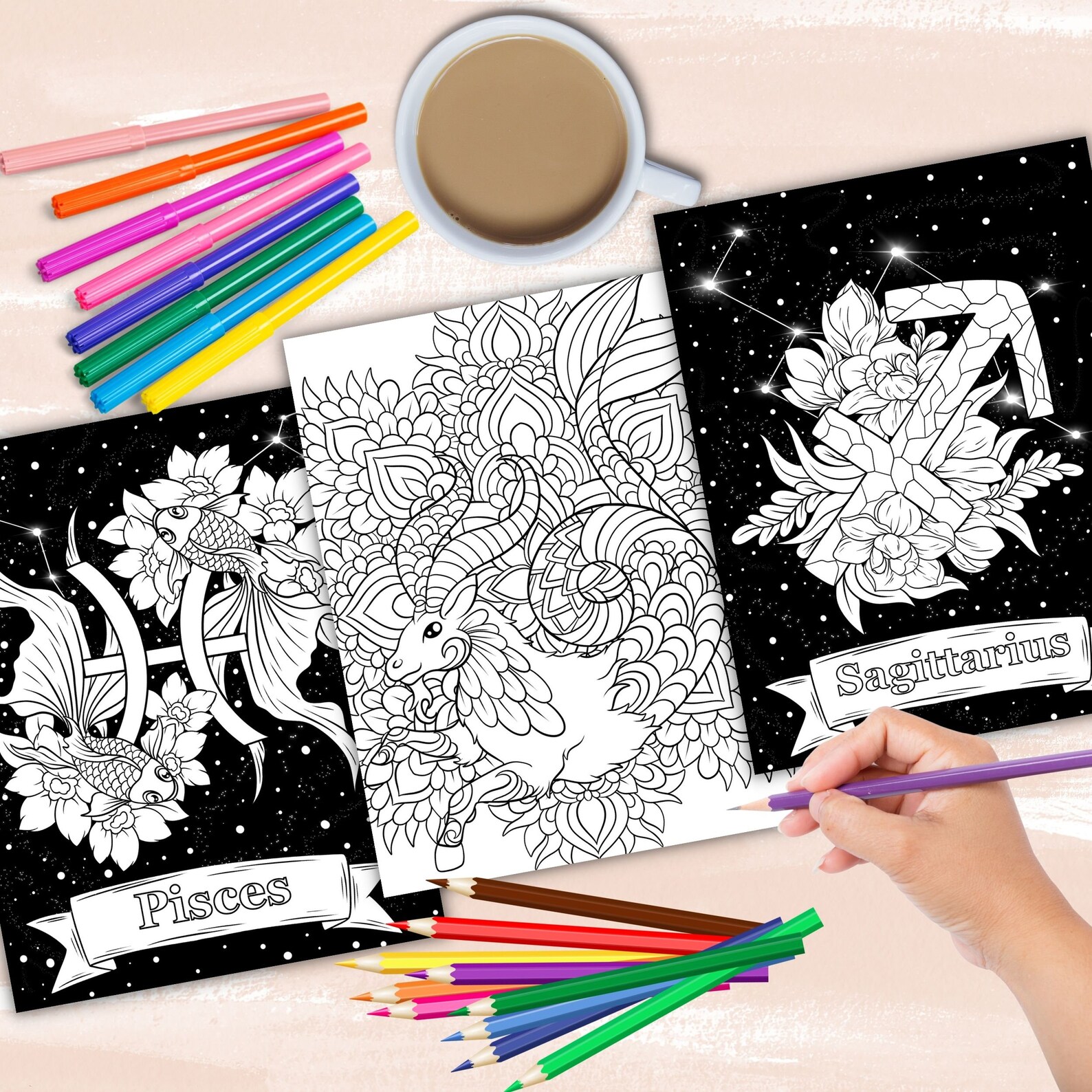 Dark Zodiac Coloring Book, Astrology Coloring Pages, Zodiac Coloring ...