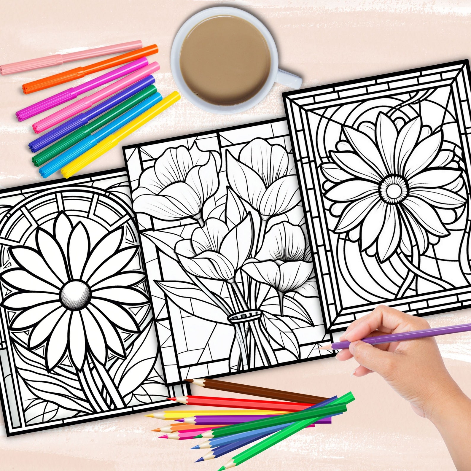 Stained Glass Flowers Coloring Book, Floral Coloring Sheets, Botanical ...