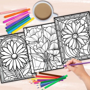 Stained Glass Flowers Coloring Book, Floral Coloring Sheets, Botanical ...
