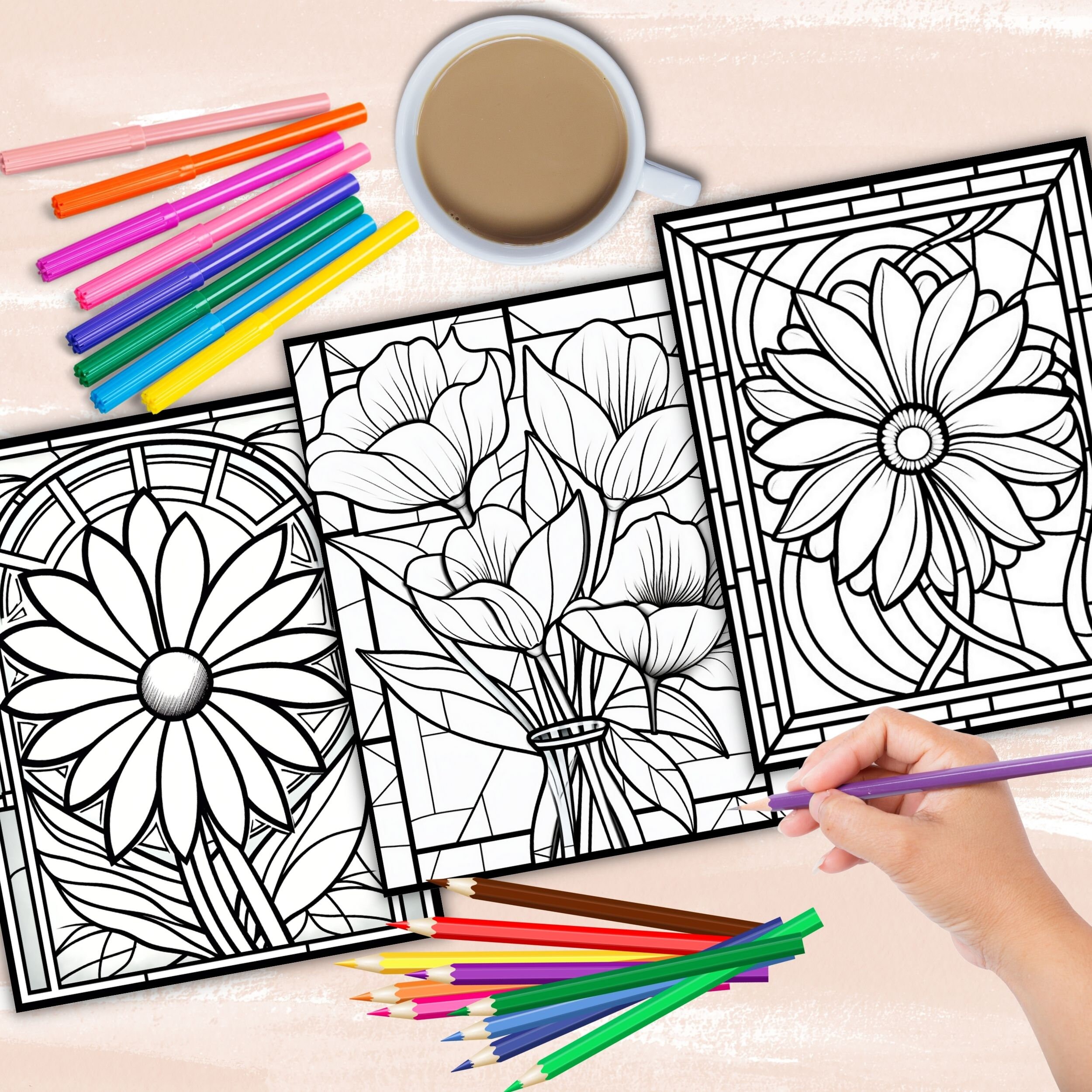 Stained Glass Flowers Coloring Book, Floral Coloring Sheets, Botanical ...