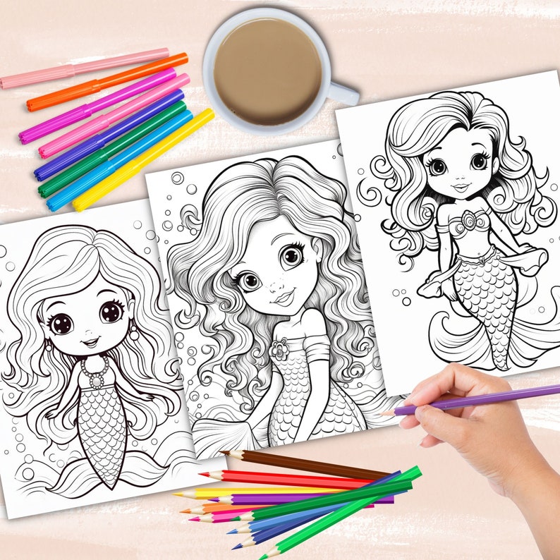 Cute Mermaids Coloring Pages, Ocean Fantasy Coloring Book, Mermaid ...
