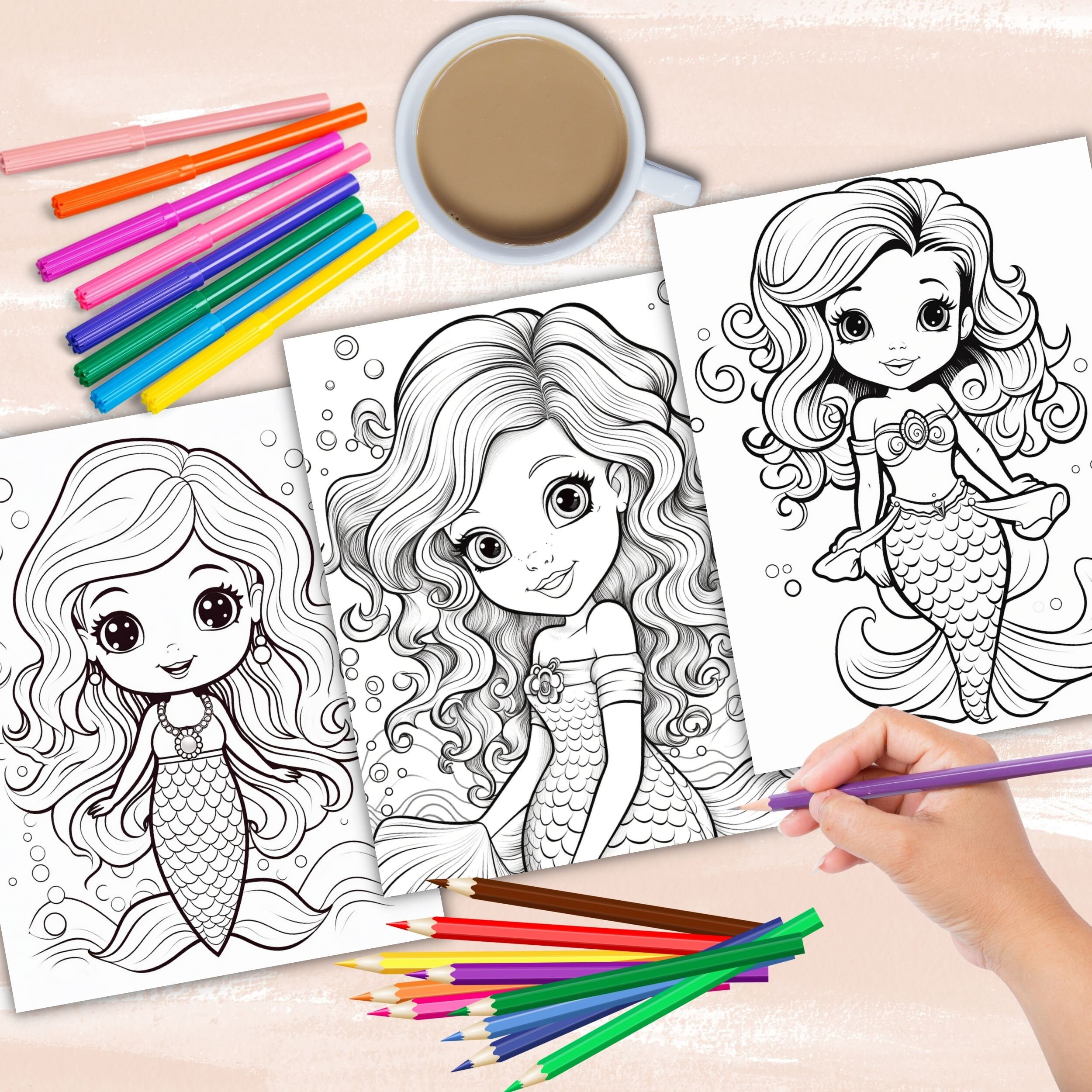 Cute Mermaids Coloring Pages, Ocean Fantasy Coloring Book, Mermaid ...