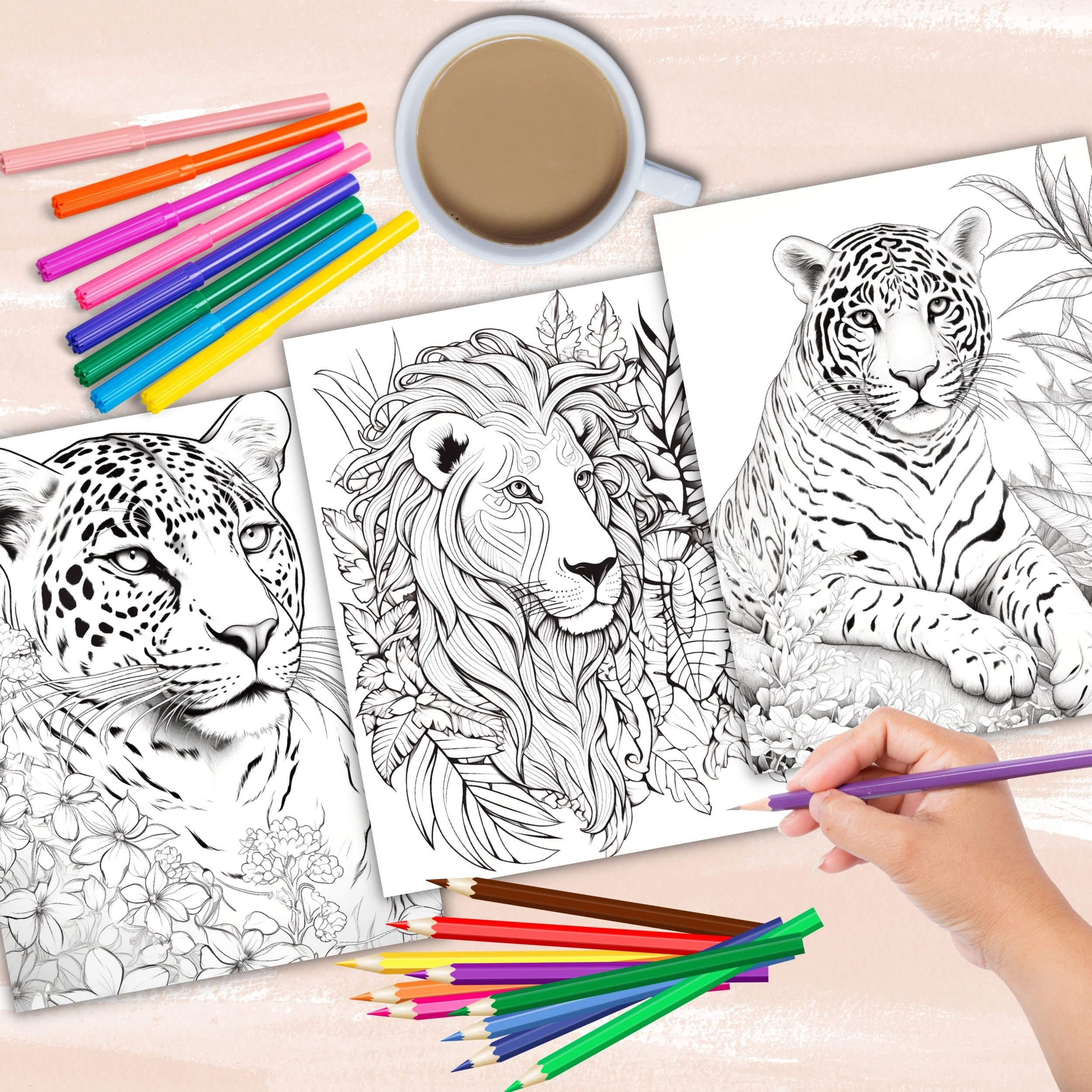 Big Cats Coloring Book, Jungle Cats Coloring Pages, Safari Animals ...