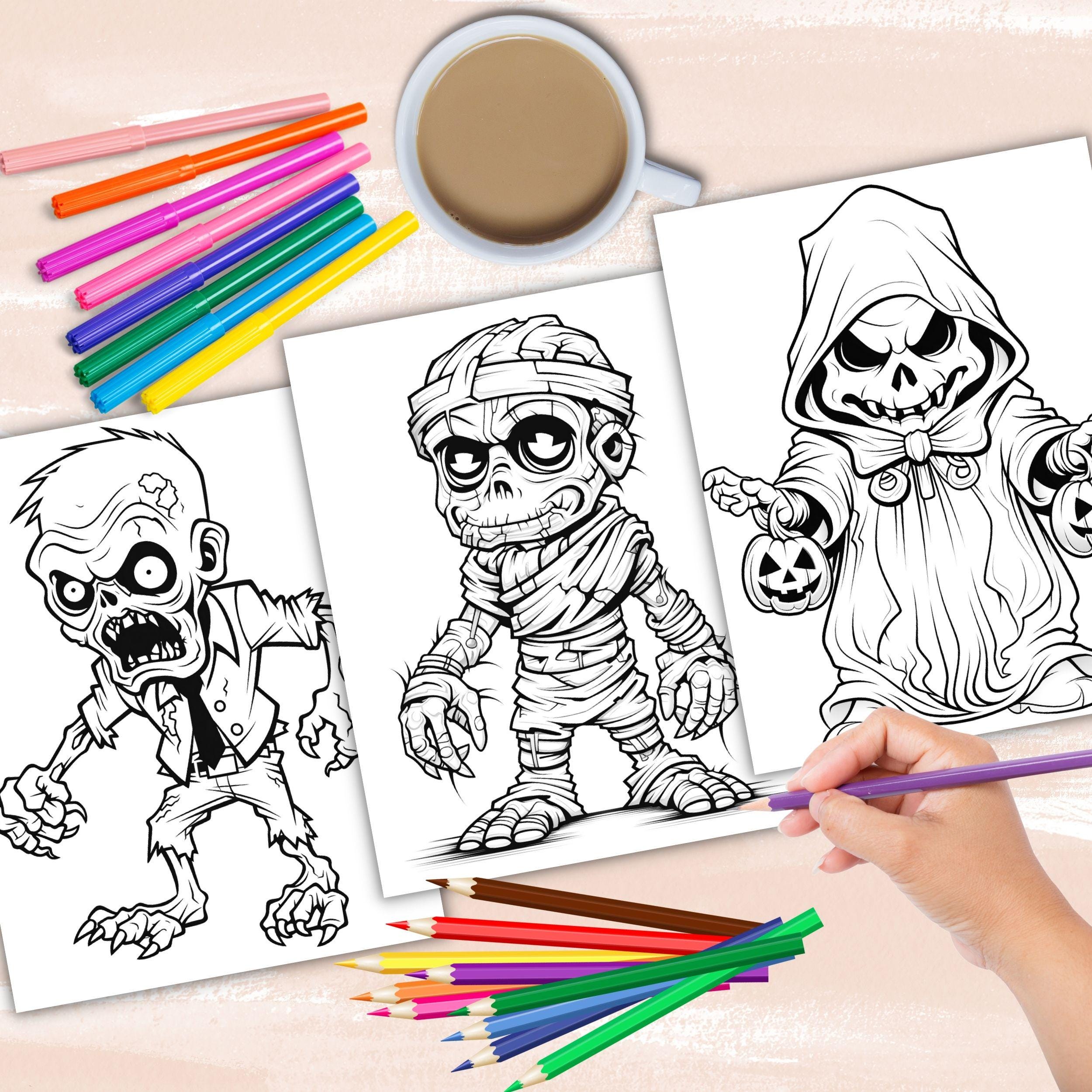 Cute Halloween Coloring Book, Creepy Monsters Coloring Pages, Spooky ...