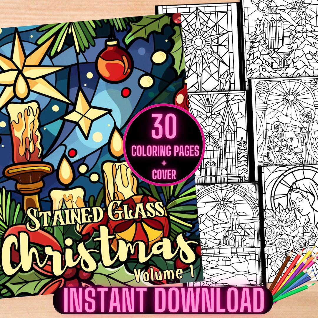 Stained Glass Christmas Coloring Book, Merry Christmas Holiday Coloring ...