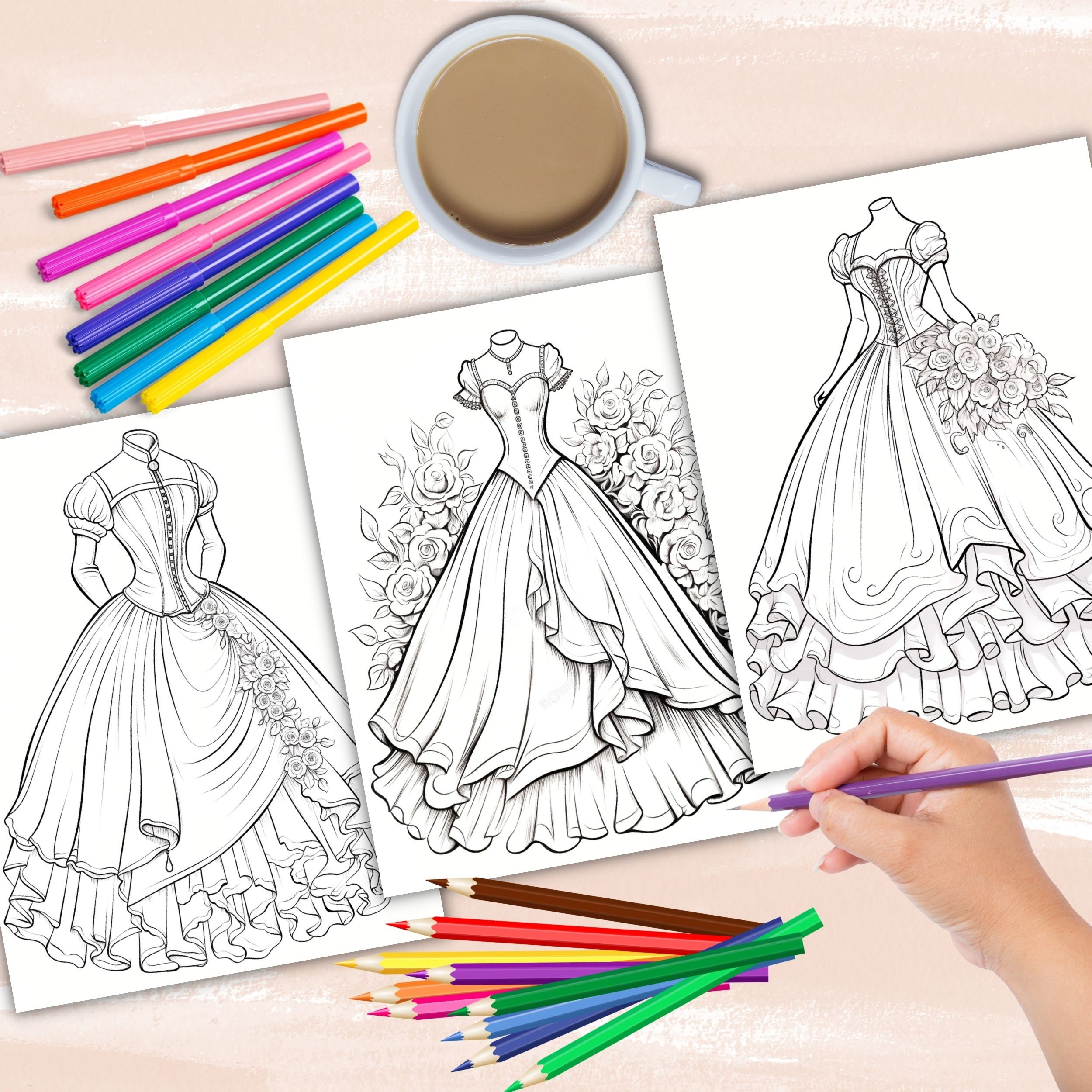 Elegant Dresses Coloring Book, Beautiful Gowns Coloring Pages ...