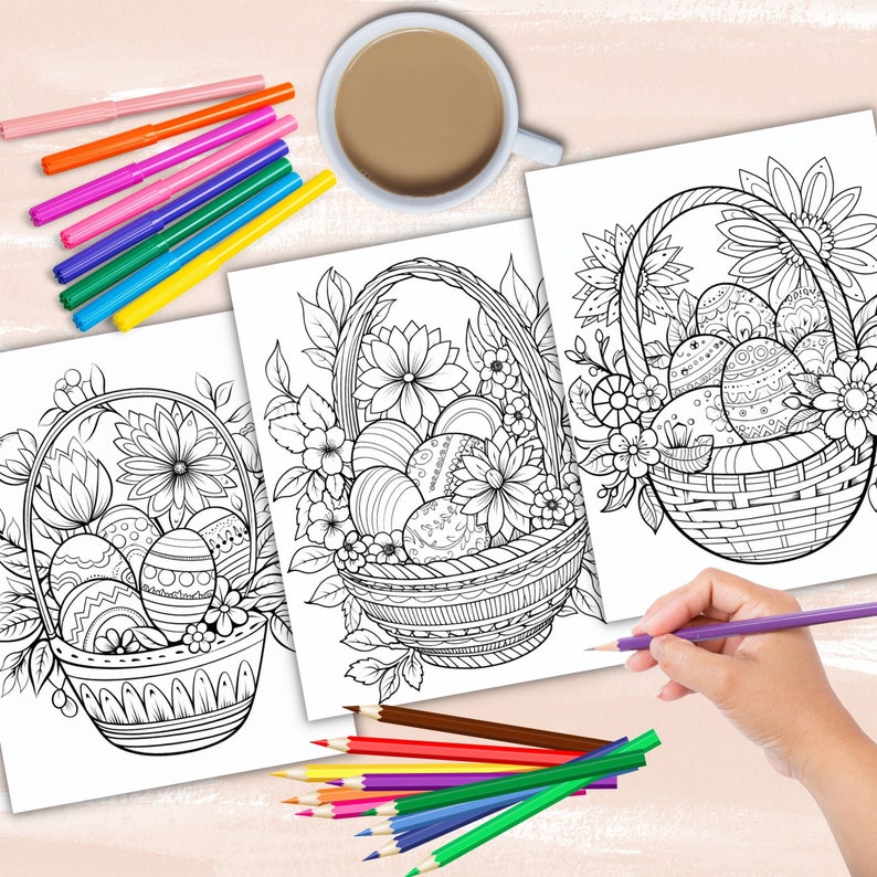Easter Egg Baskets Coloring Book, Easter Flowers Coloring Book, Floral ...