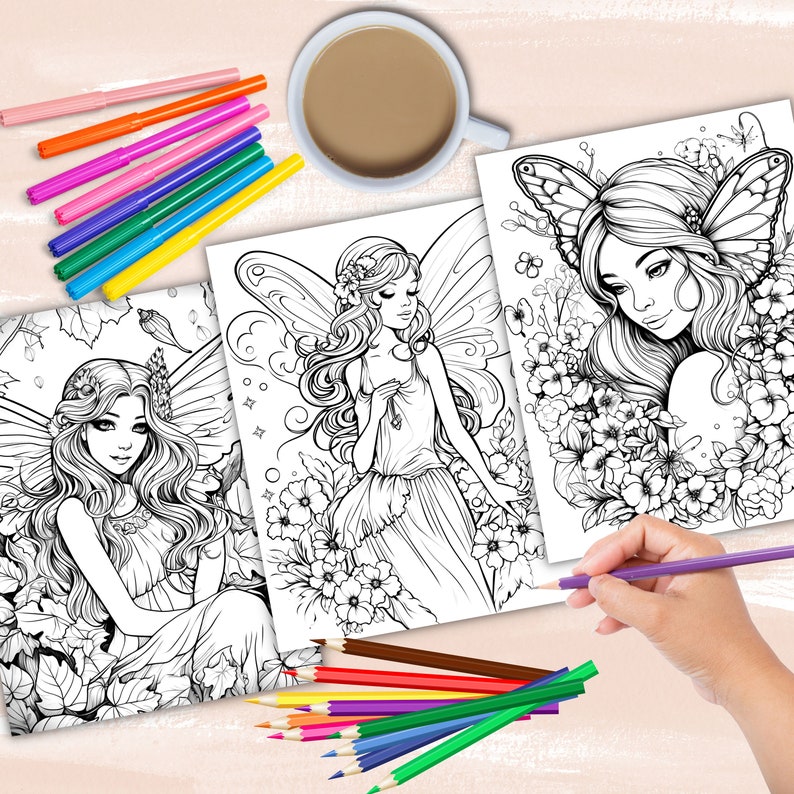 Forest Fairies Coloring Pages, Fairy Fantasy Coloring Book, Grayscale ...