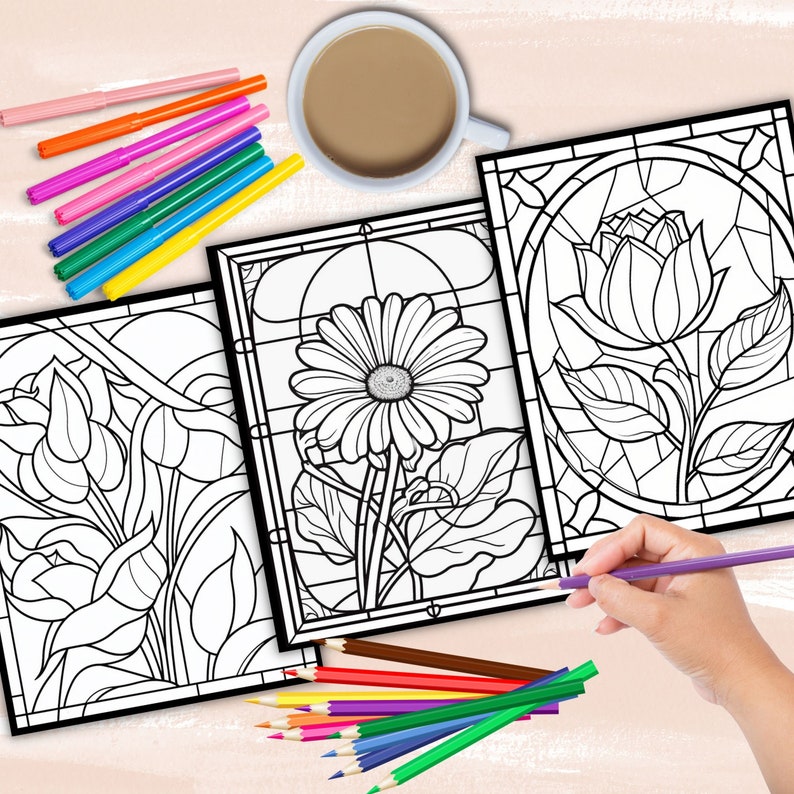 Stained Glass Flowers Coloring Book, Floral Coloring Sheets, Botanical ...