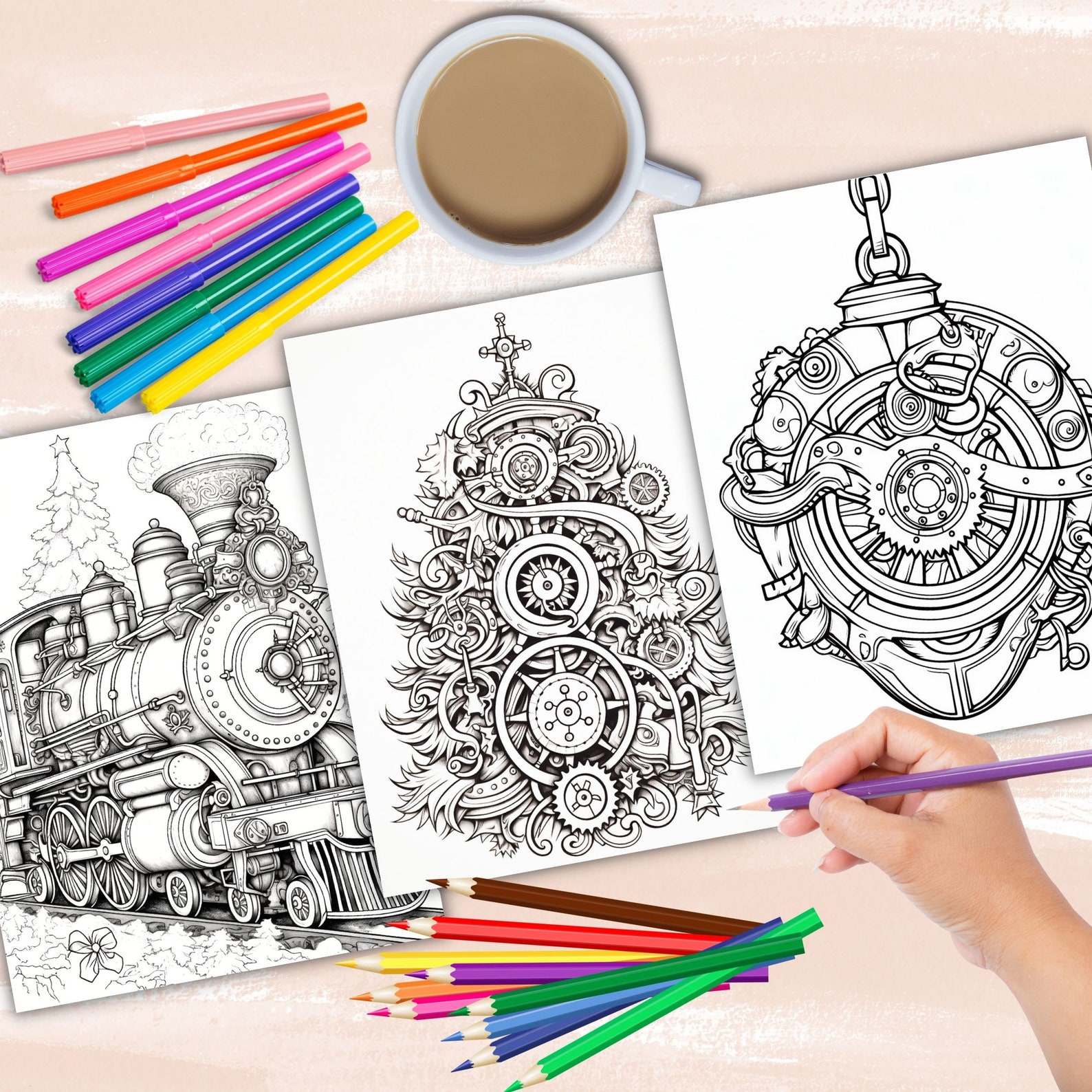 Steampunk Christmas Coloring Book, Christmas Trains Coloring, Clockwork ...