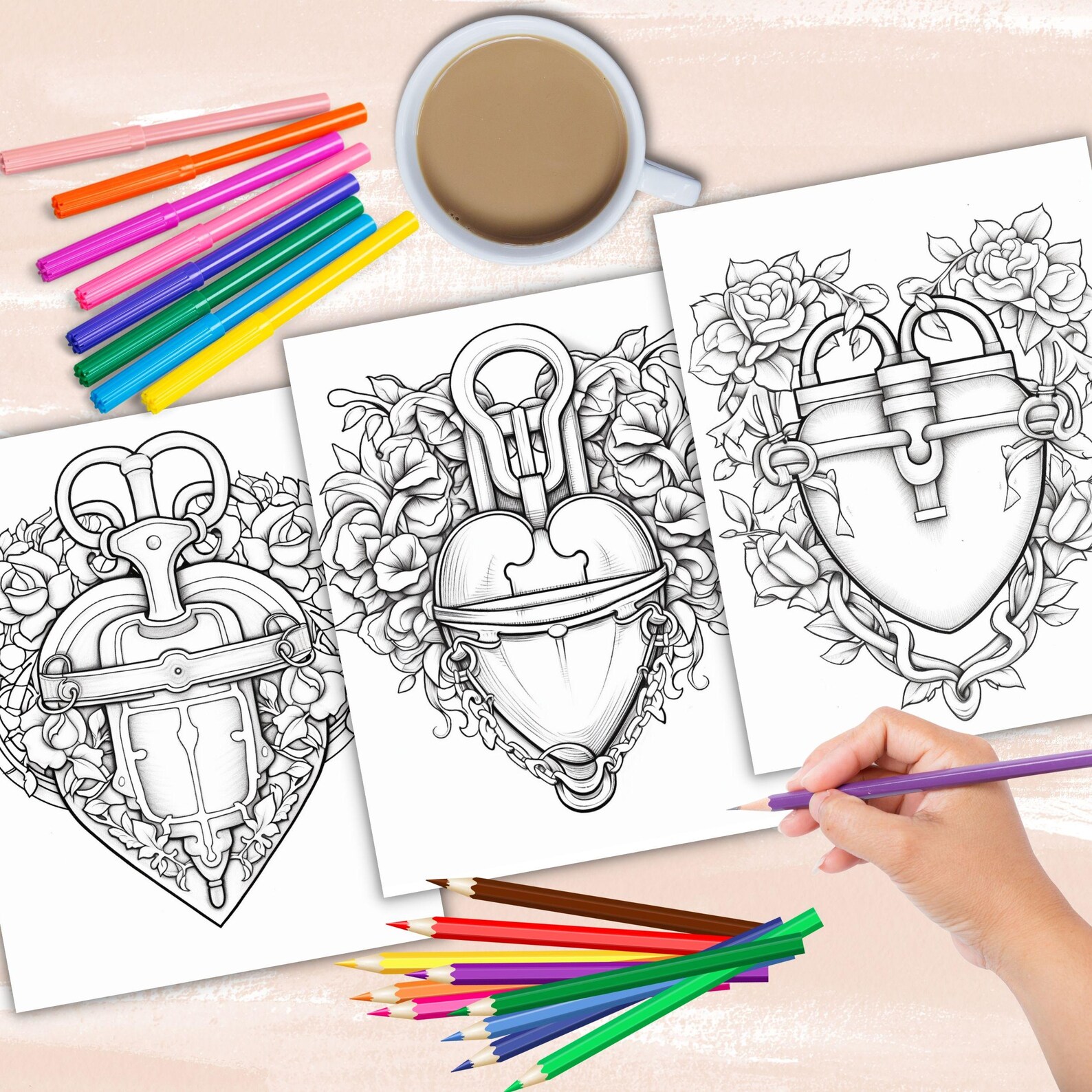 Heart Locks Coloring Book, Floral Heart Coloring Pages, Valentines Day ...