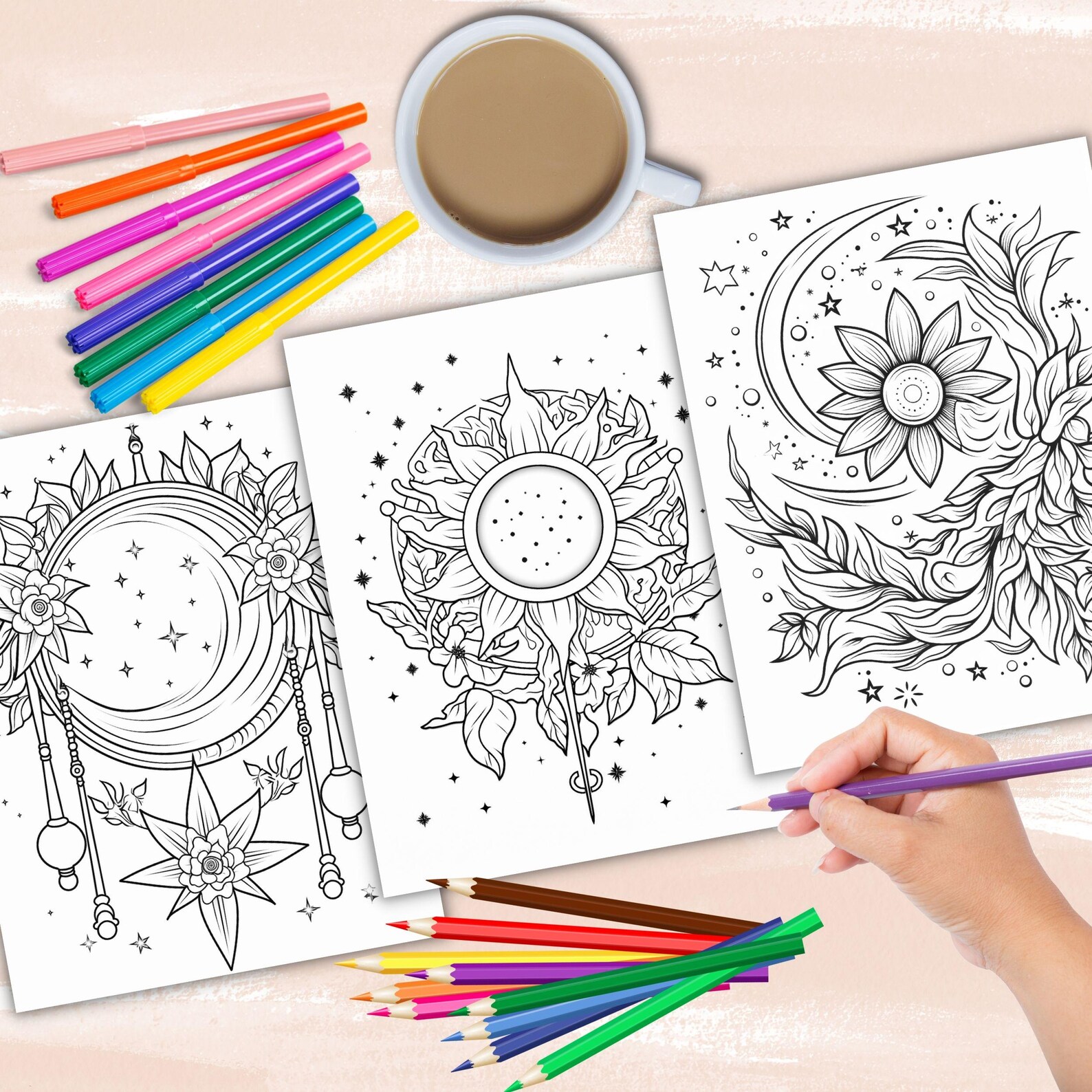 Celestial Moon Coloring Pages, Boho Chic Moon Coloring Sheets ...