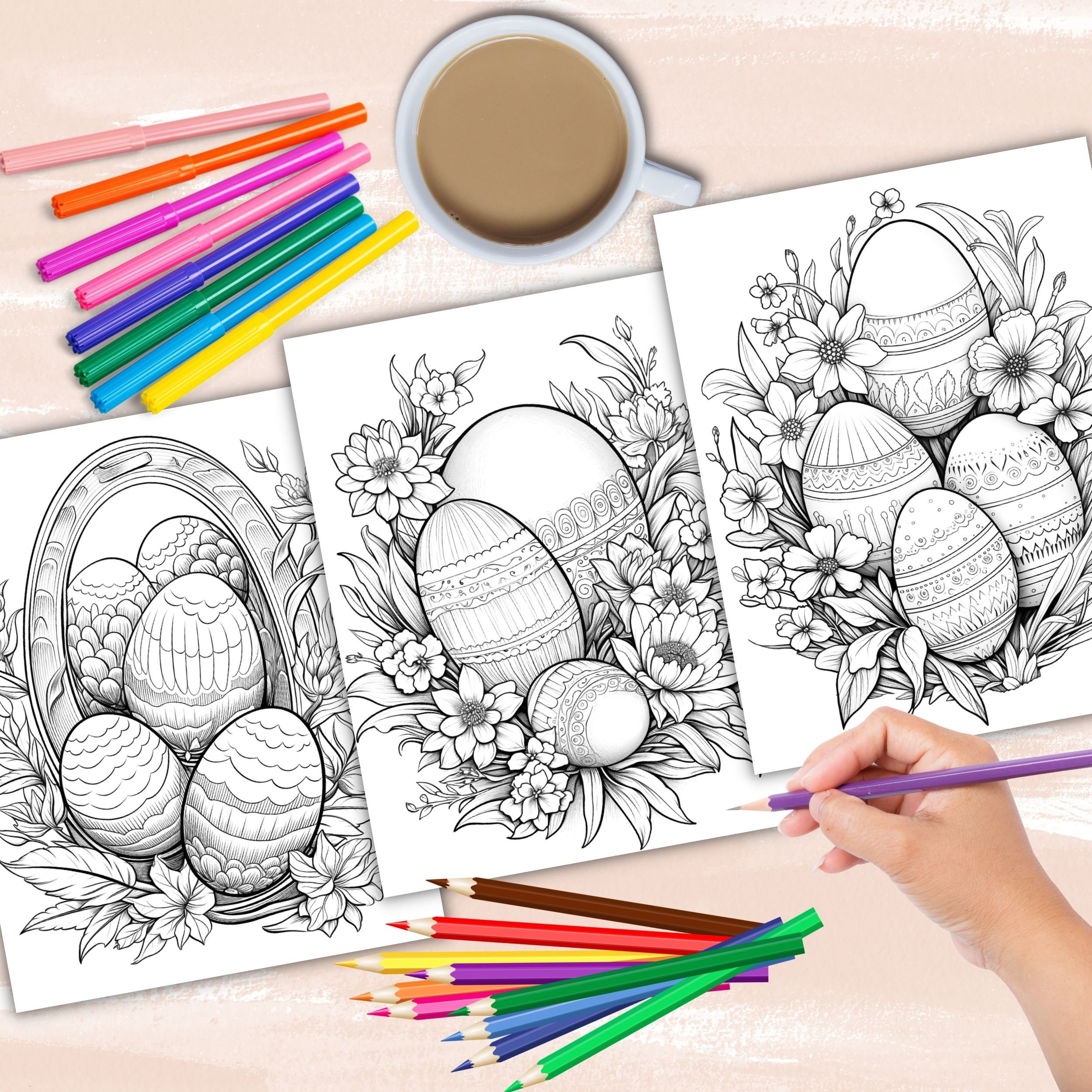 Easter Eggs Coloring Pages, Easter Flowers Coloring Book, Floral Easter ...