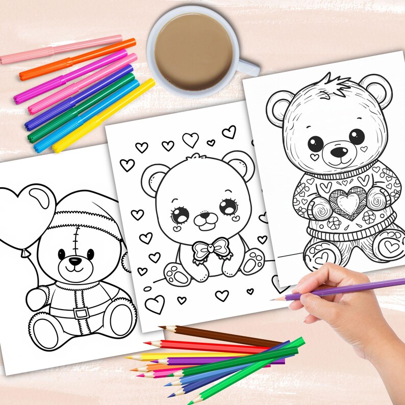 Valentines Day Coloring Book, Cute Kawaii Bear Coloring Pages, Kids ...