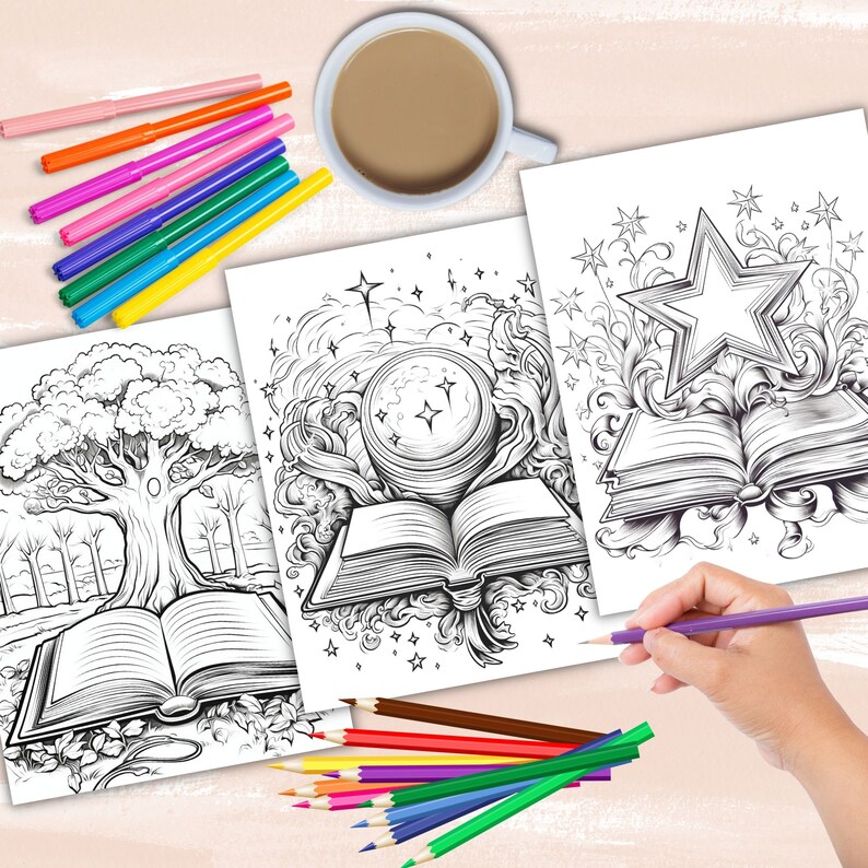 Spells and Grimoires Coloring Pages, Open Magic Book Coloring Book ...
