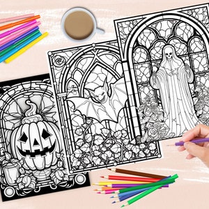 Stained Glass Halloween Coloring Book Grayscale Halloween - Etsy
