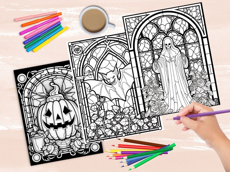 Stained Glass Halloween Coloring Book Grayscale Halloween - Etsy