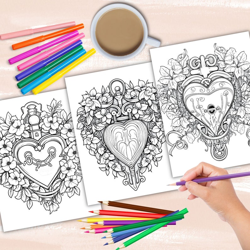 Love Locks Coloring Book, Floral Heart Padlock Coloring Pages, Love ...