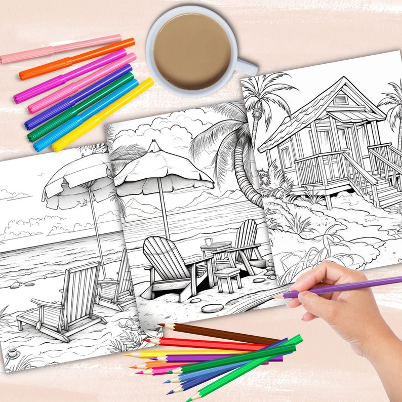 Beach Days Coloring Book, Relaxing Beach Scenery Coloring Pages, Ocean ...