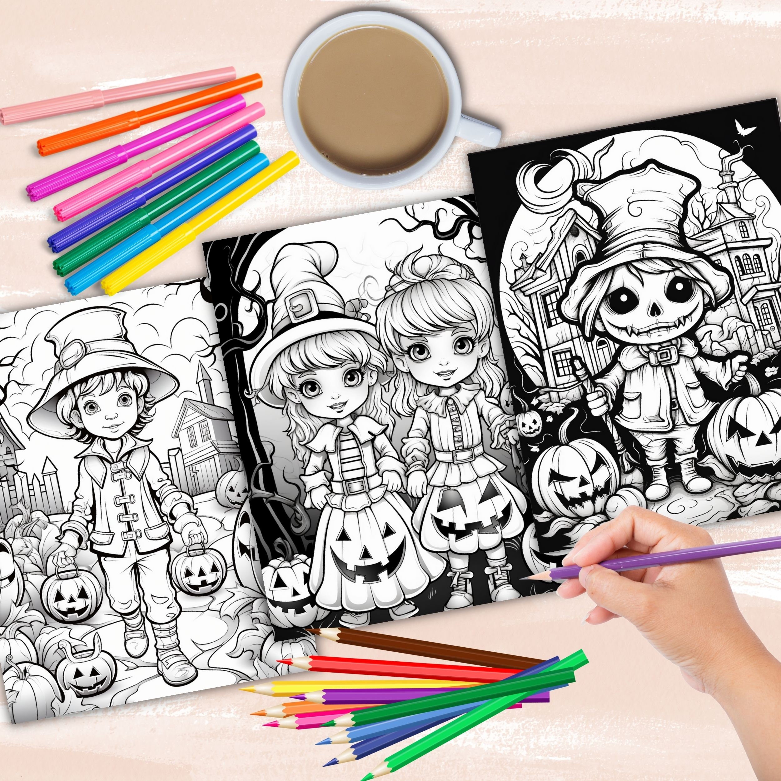 Trick or Treat Halloween Coloring Book, Grayscale Halloween Coloring ...