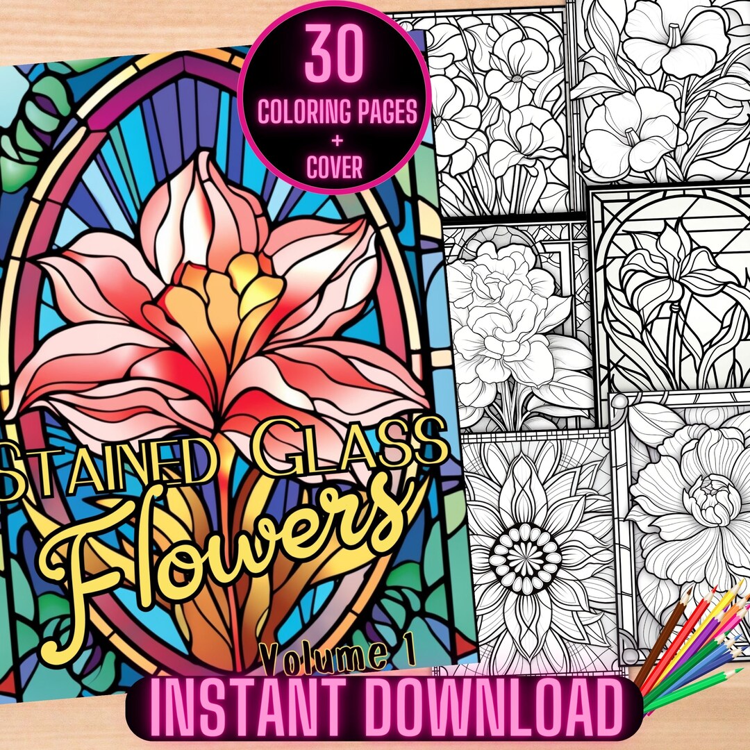 Stained Glass Flowers Coloring Book, Floral Coloring Pages, Botanical ...