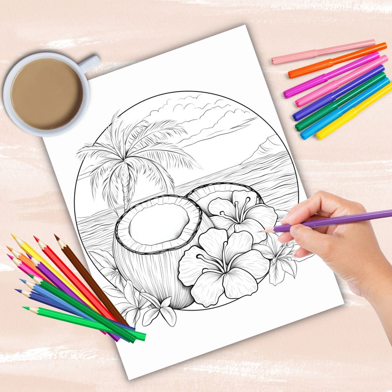 Tropical Summer Coloring Pages, Coconut Summer Island Coloring Book ...