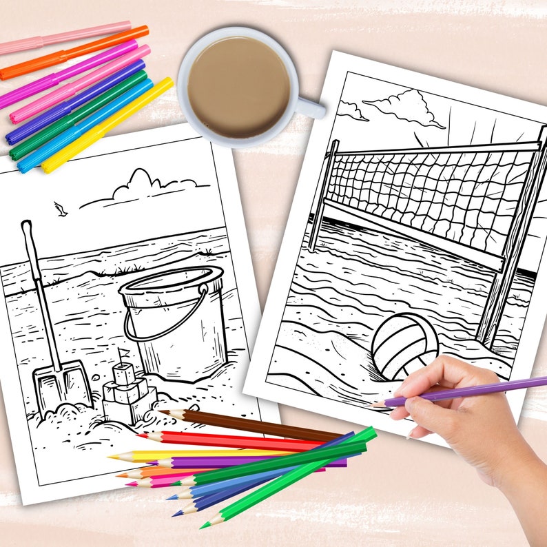Summer Vibes Coloring Book, Beach Fun Coloring Sheets, Adult Coloring ...