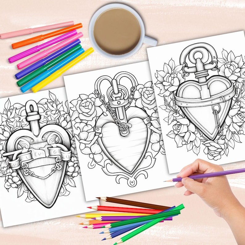Heart Locks Coloring Book, Floral Heart Coloring Pages, Valentines Day ...