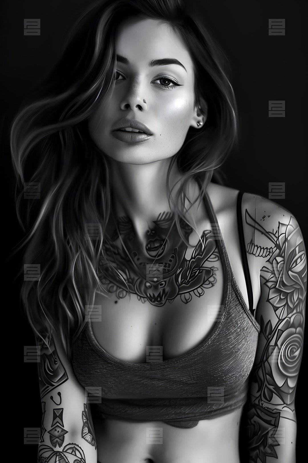 Lana Ai Cover Model Young Female Model Romance Long Brown Hair Lips Black And White Tattoos