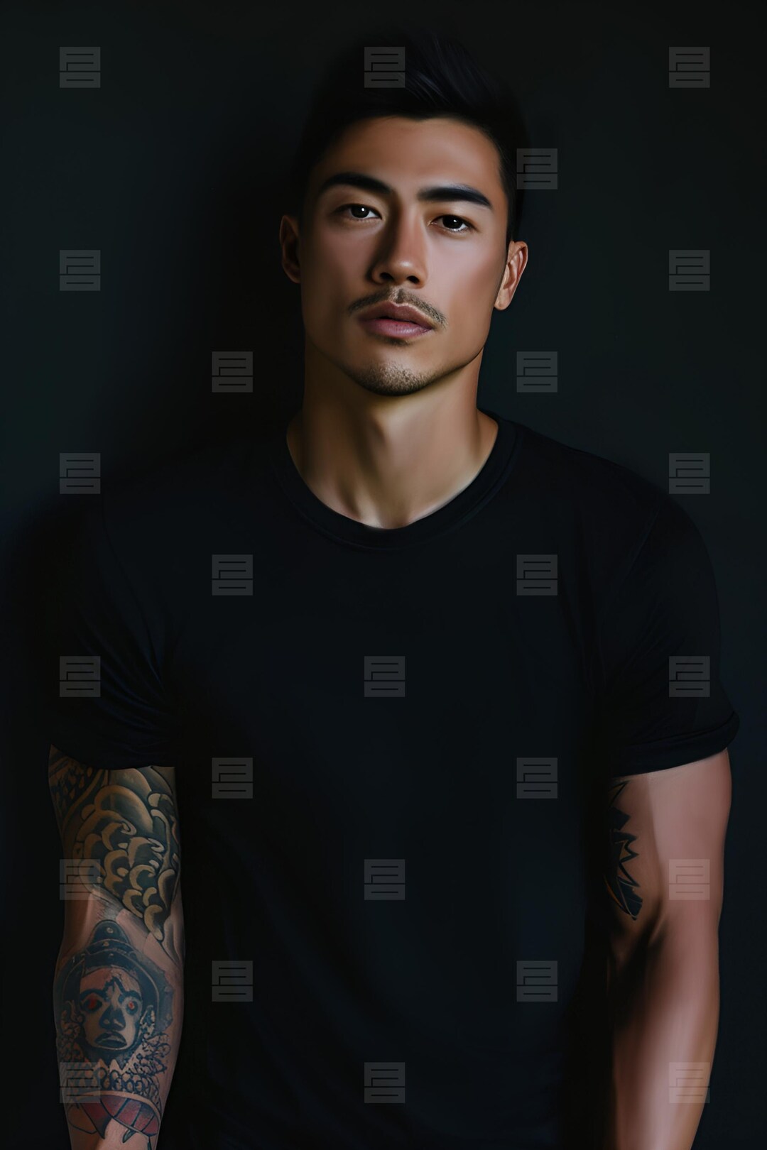 Kenji - AI Cover Model, Asian Male Model, Biker, Tattoos, Short Black ...