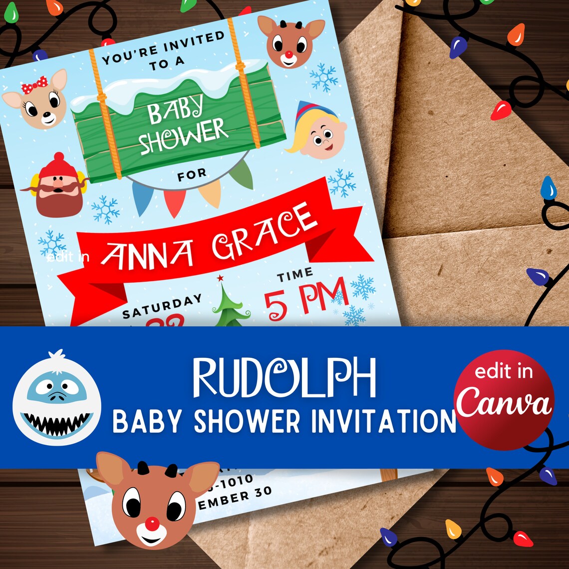 Rudolph Baby Shower Invitation: 5x7 Canva Edit (PDF Download) - Etsy
