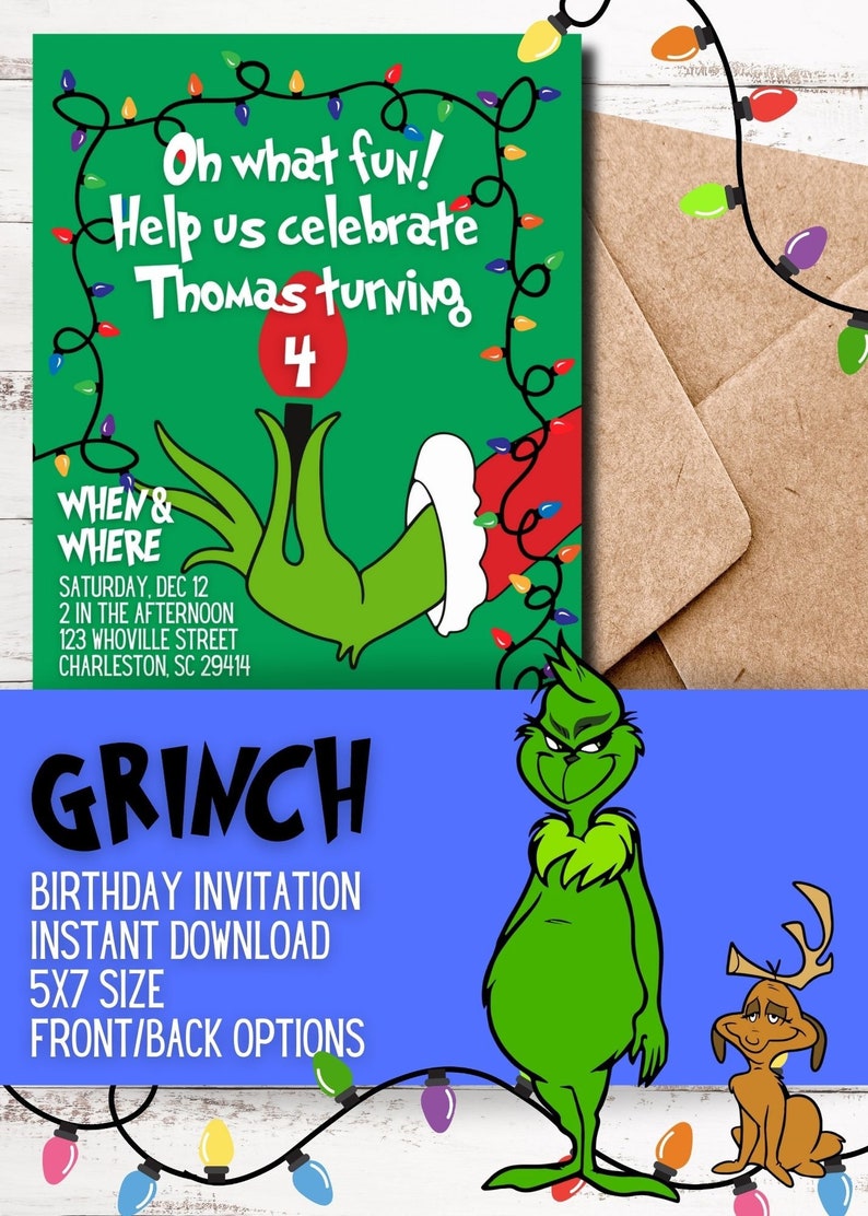 Birthday Party Invitation Grinch Theme 5x7 With Canva Link to Customize ...
