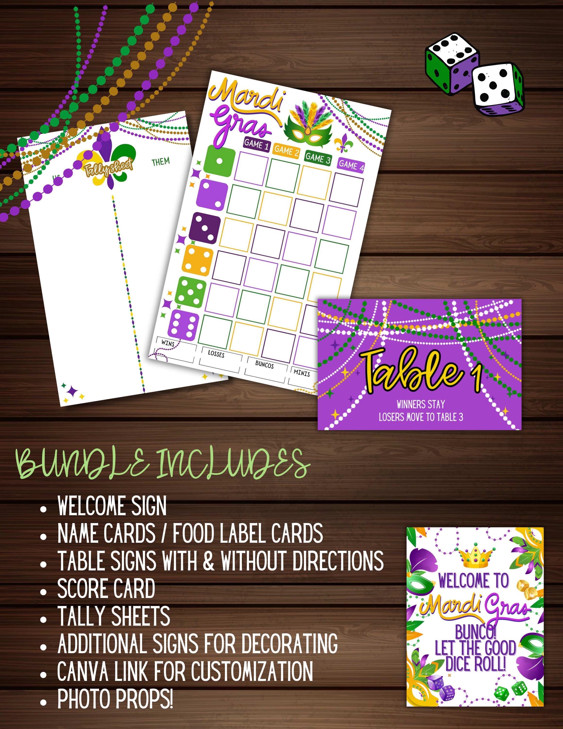 Bunco - Mardi Gras Bunco Bundle Tally Card Scoresheets Canva Link ...
