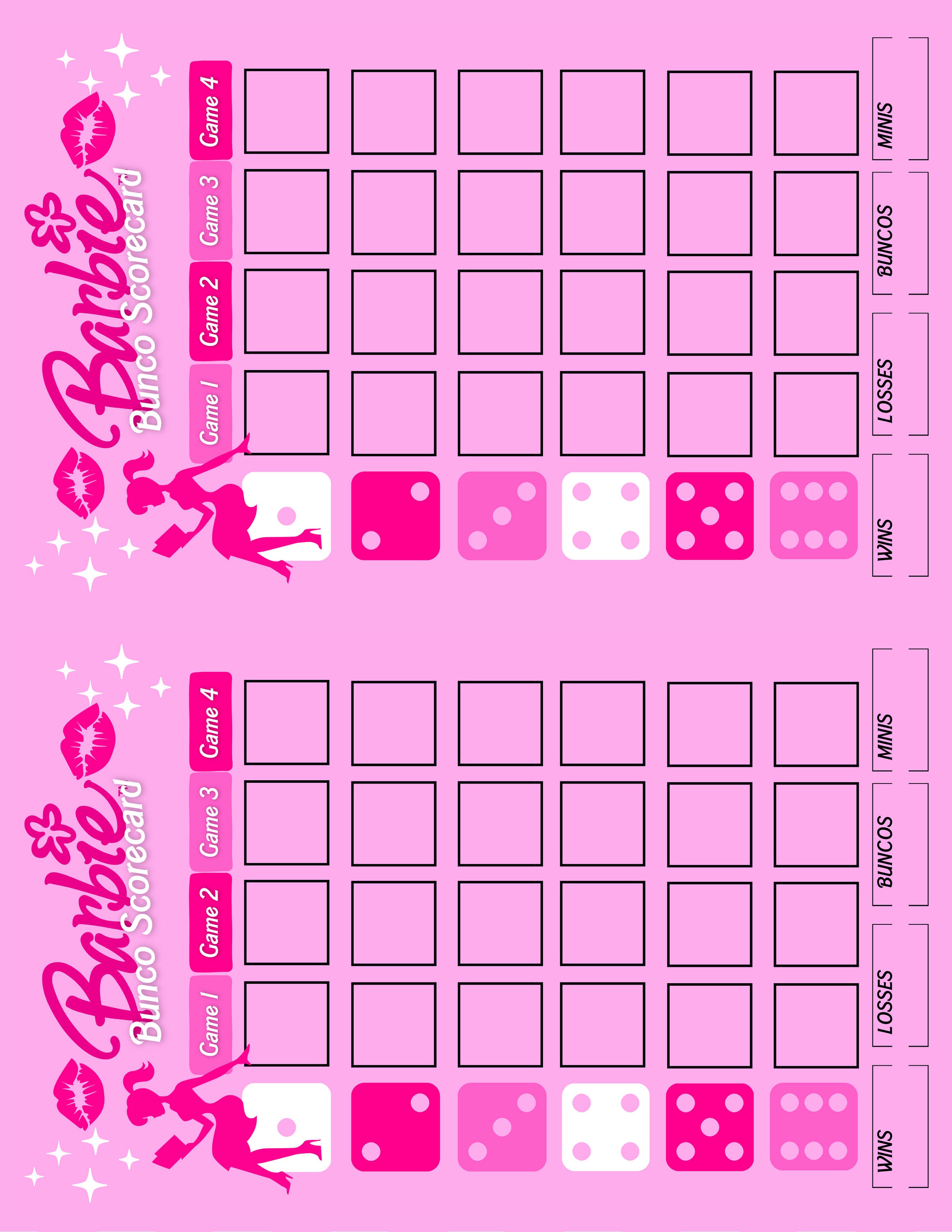 Bunco Hot Pink Doll Score Cards Tally Sheets Welcome Signs Food Name ...