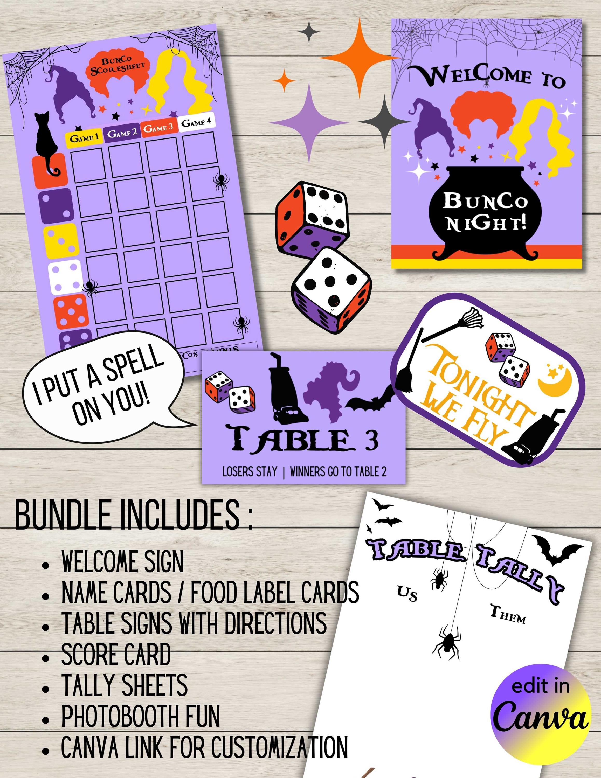 Hocus Pocus Bunco Bundle: Score Sheet, Photo Props (canva Editable ...