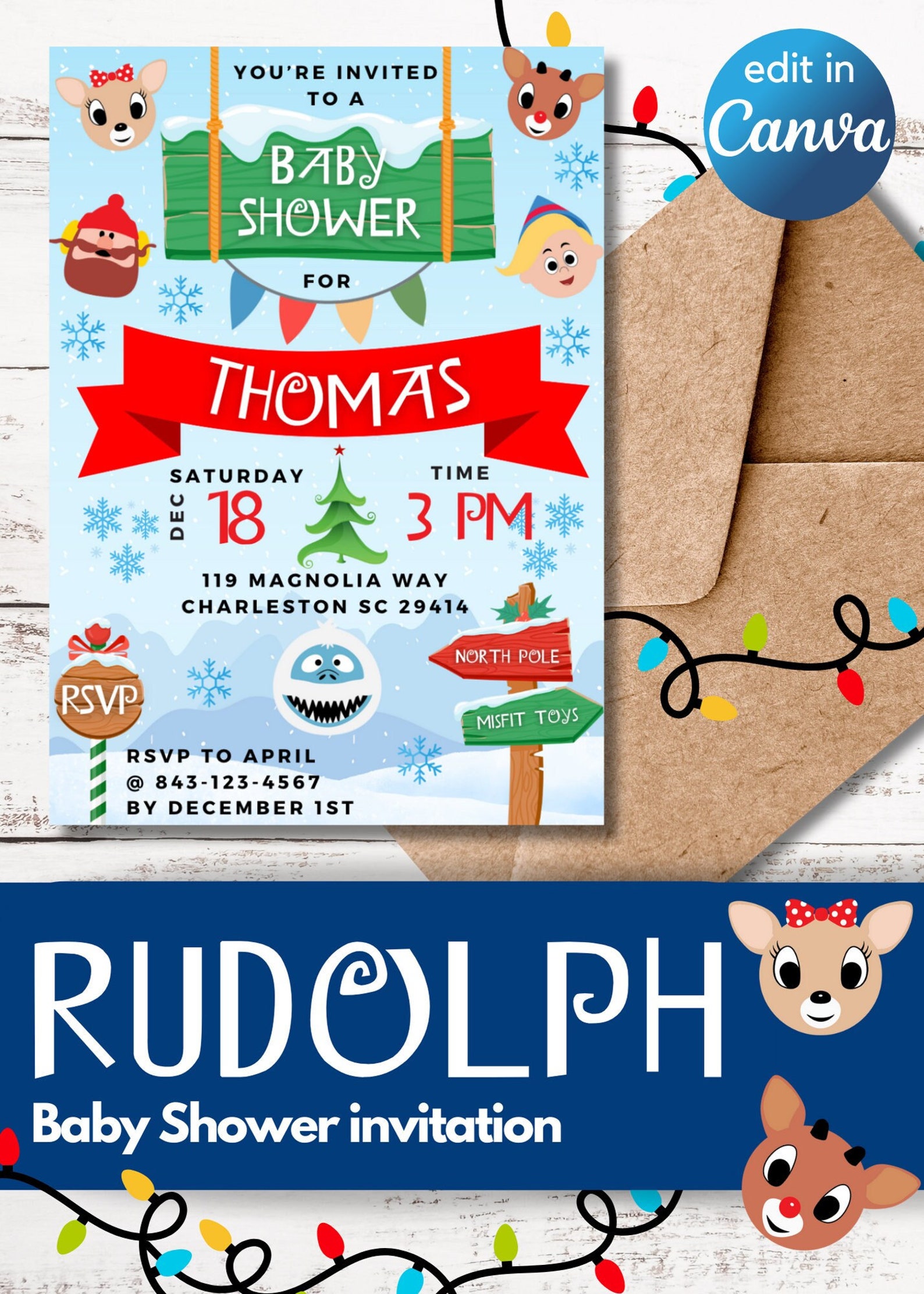 Rudolph Baby Shower Invitation: 5x7 Canva Edit (PDF Download) - Etsy