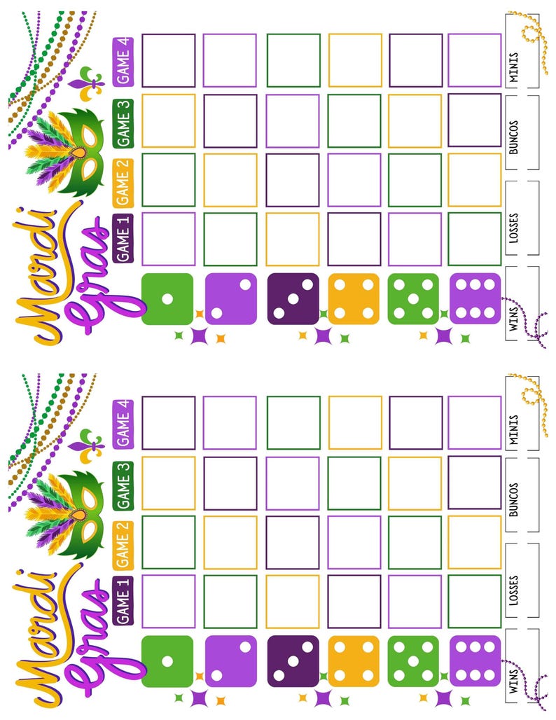 Bunco - Mardi Gras Bunco Bundle Tally Card Scoresheets Canva Link ...