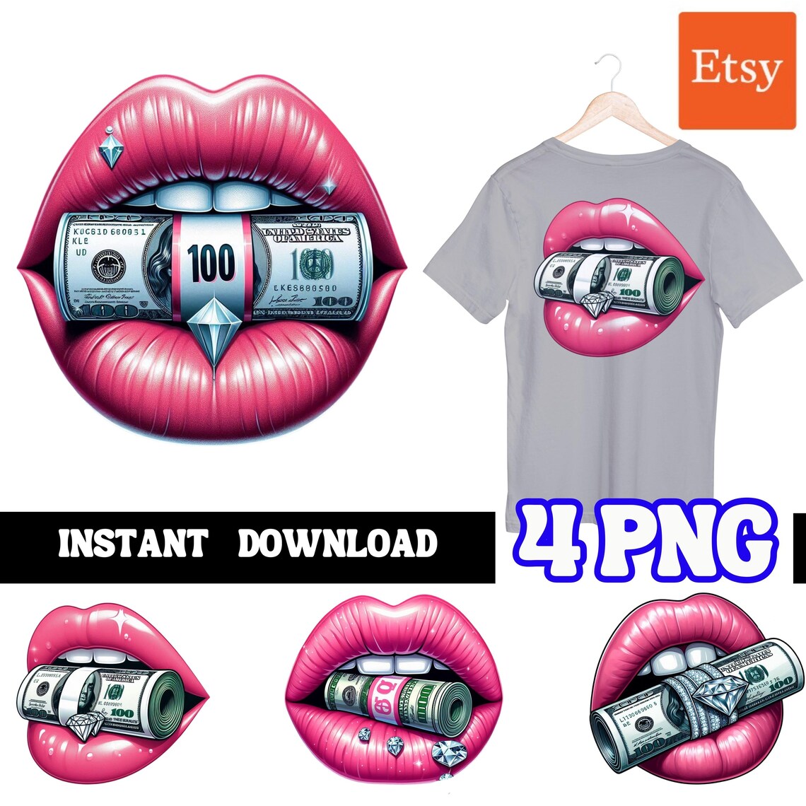 100 Dollar Bill Lips Png Sublimation Design | Digital Art Lips Png ...