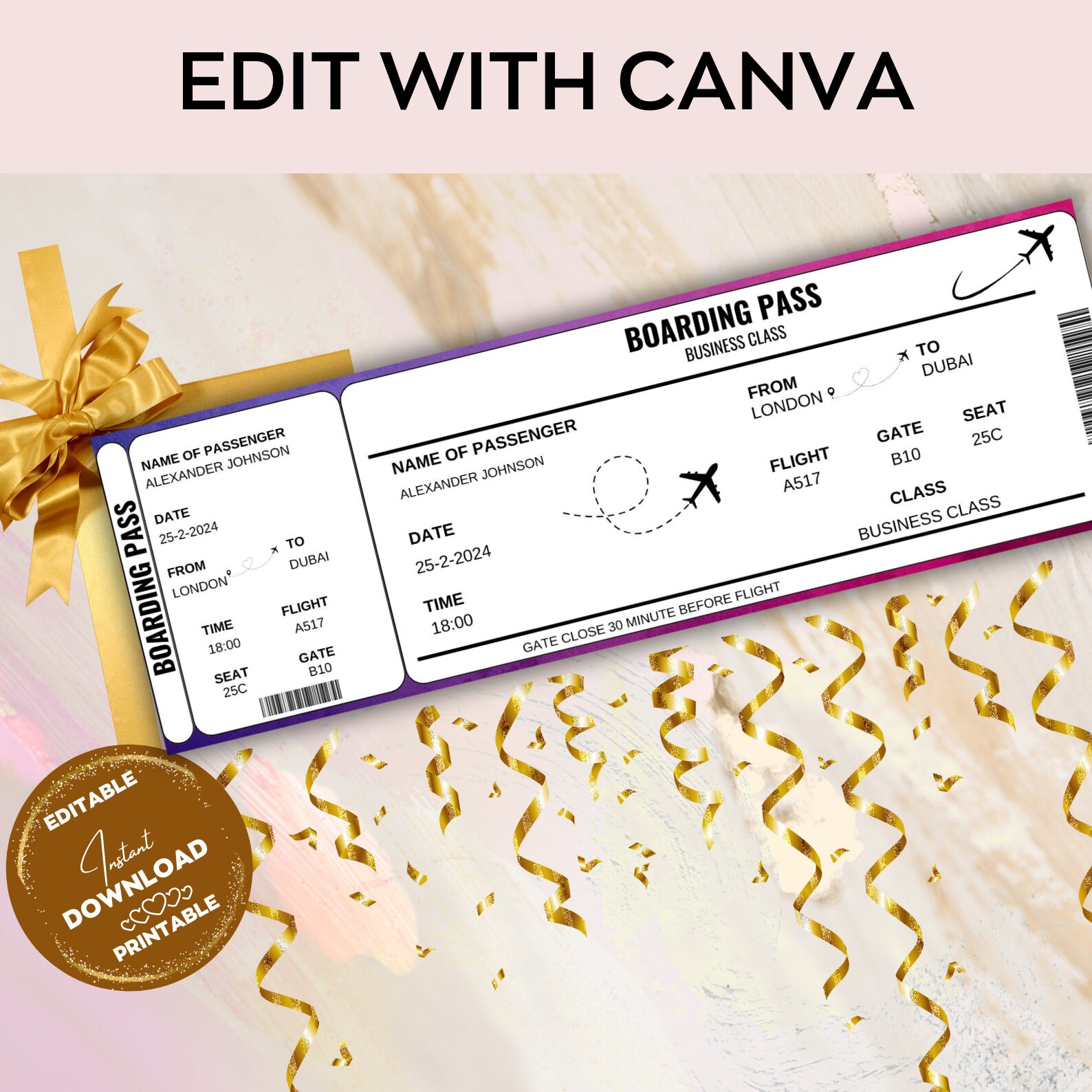 Boarding Pass Canva Template, Editable Boarding Ticket, Custom Airplane ...