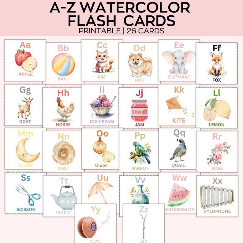 A–Z Printable Flashcard Bundle, Watercolor Alphabet Cards for Kids ...