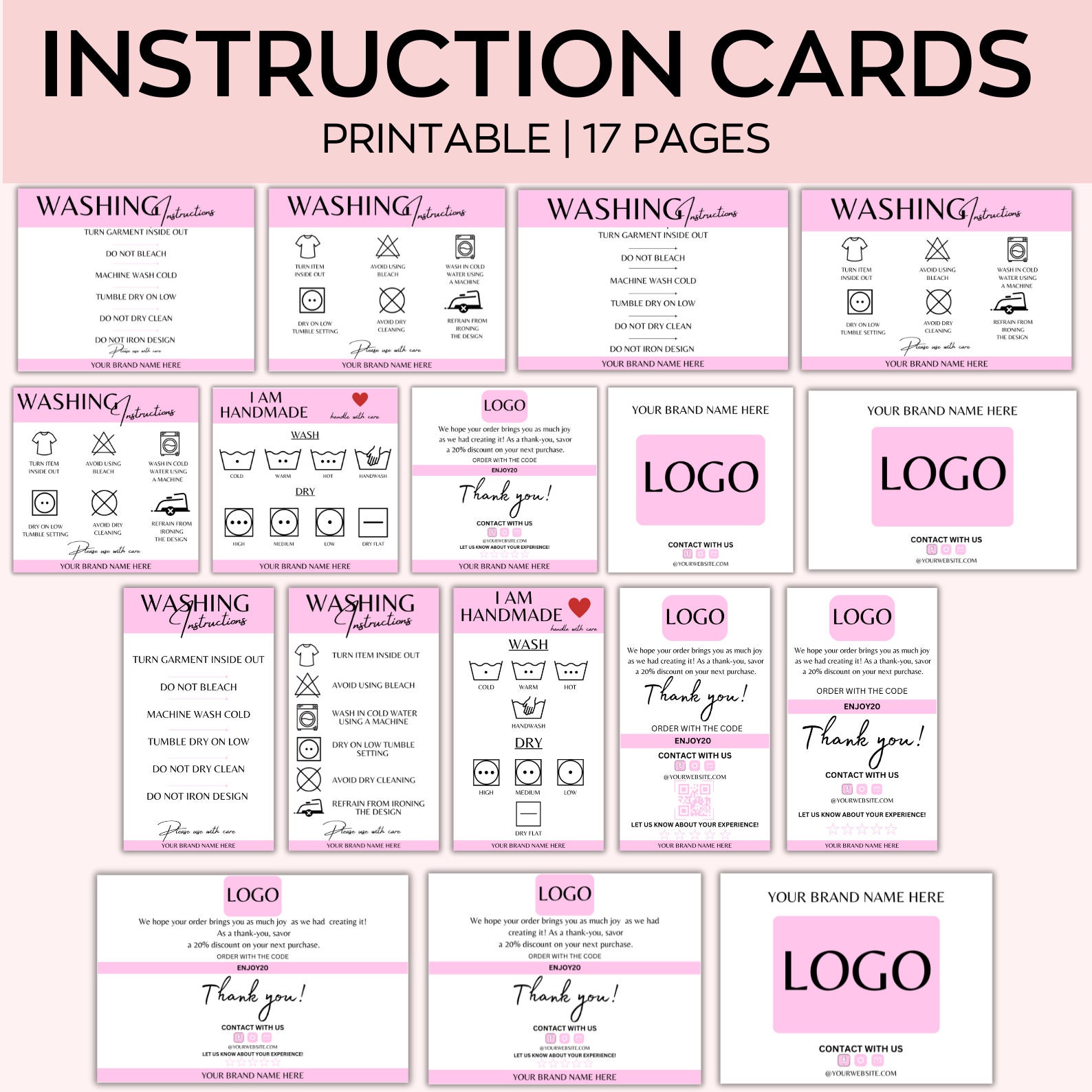 Editable Washing Instructions Card Template, Printable Clothing Care ...
