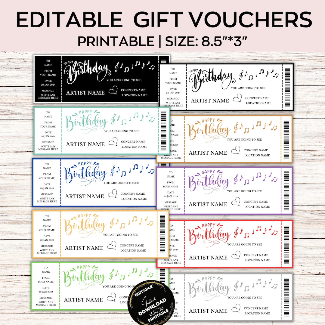 Birthday Gift Concert Ticket Template ,printable Gift Voucher ...