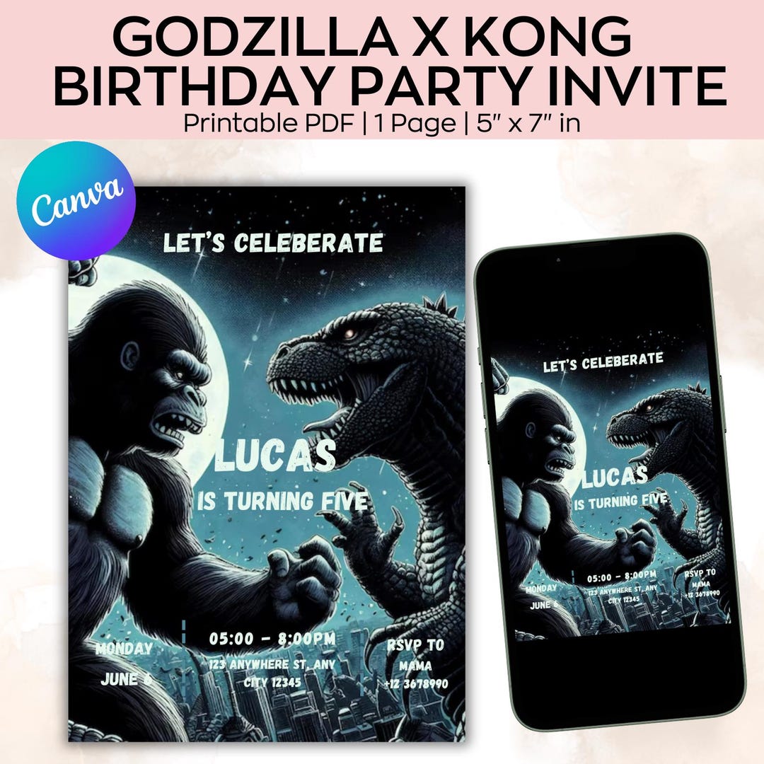 Customizable Godzilla X Kong, Kids Birthday Party Invitation, Godzilla ...
