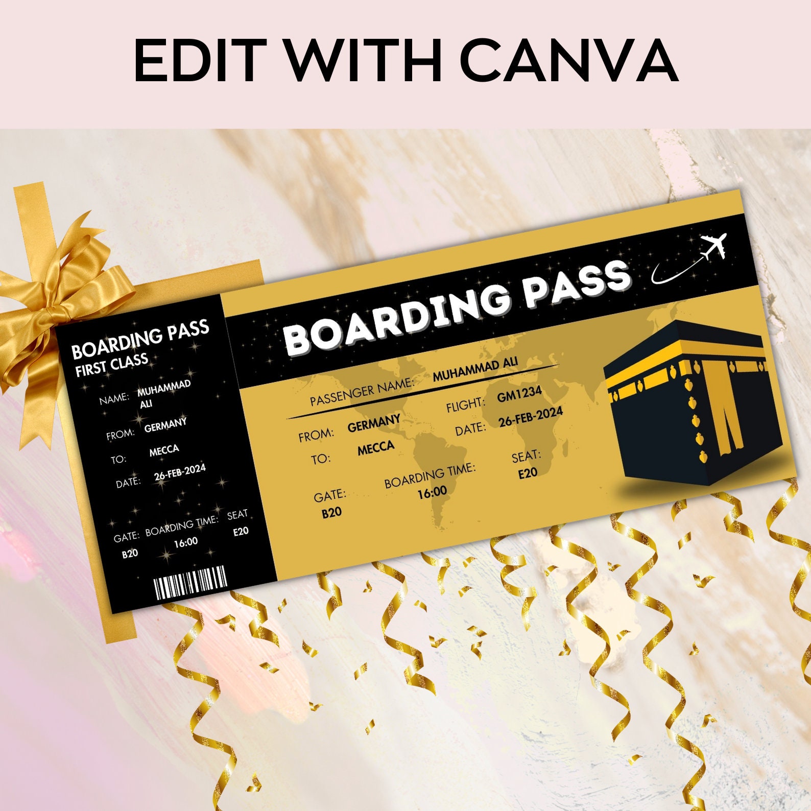 Hajj Boarding Pass,editable Hajj Plane Ticket,makkah Umrah Gift ...