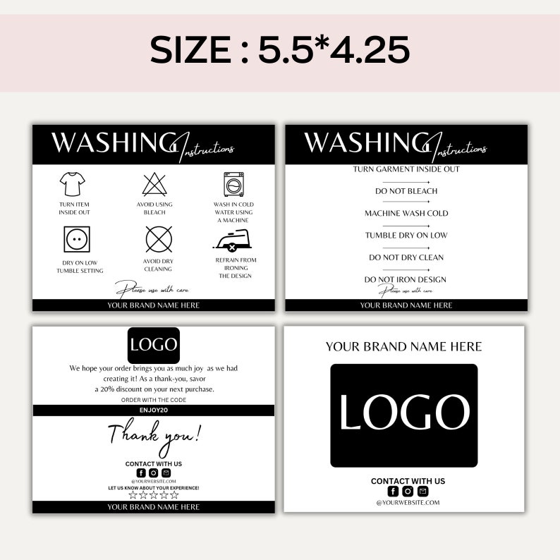 Editable Washing Instructions Card Template, Printable Clothing Care ...