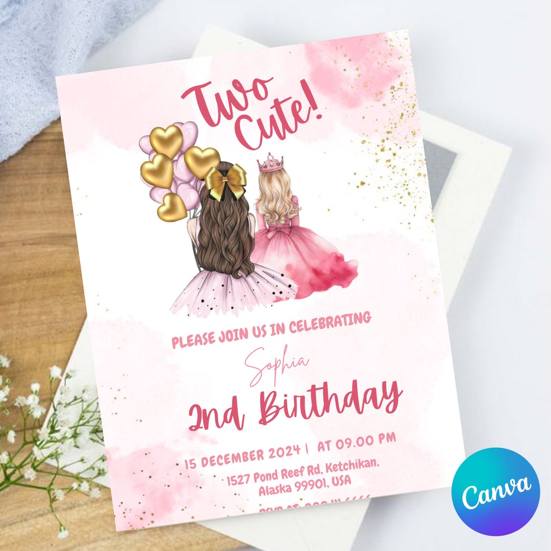 Two Cute Girls 2nd Birthday Invitation, Printable Digital Girl's ...