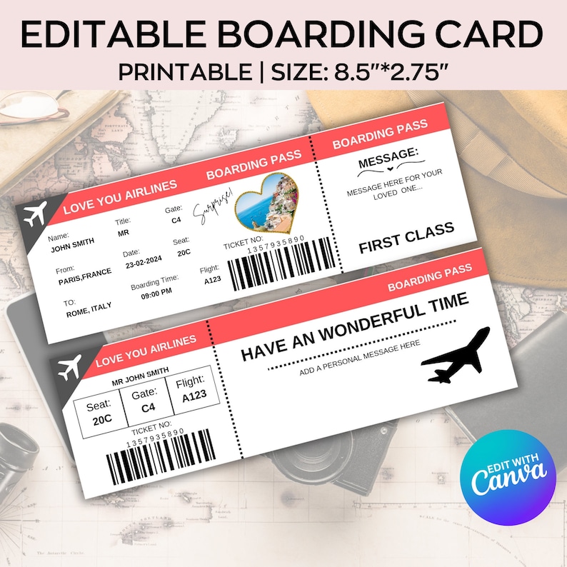 Editable Boarding Pass Template, Printable Boarding Ticket, Canva ...