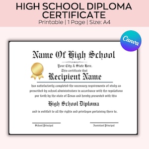 Editable High School Diploma Template, Graduation Certificate, Canva ...