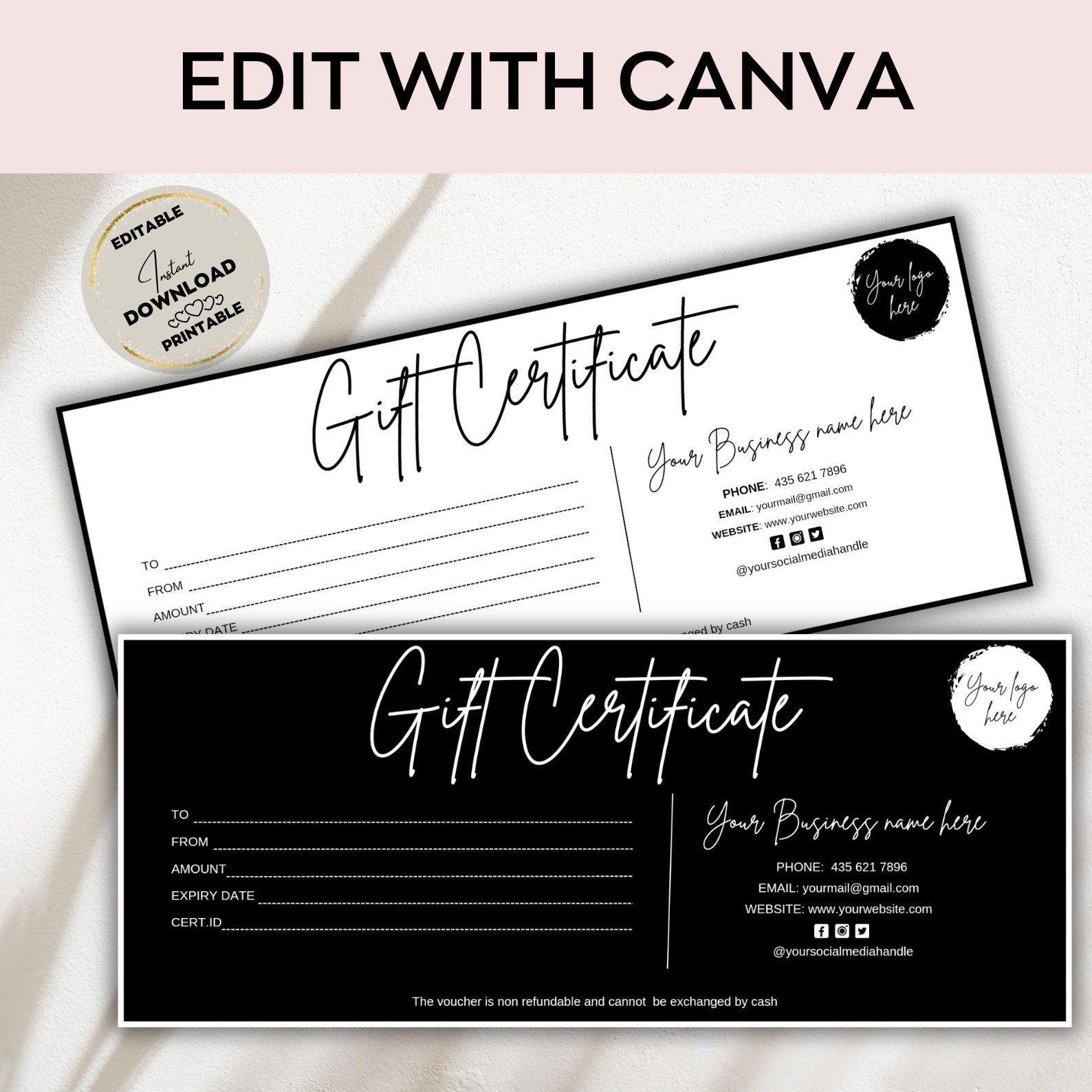 Editable Gift Certificate Template, Gift Voucher, DIY Gift Card Add ...