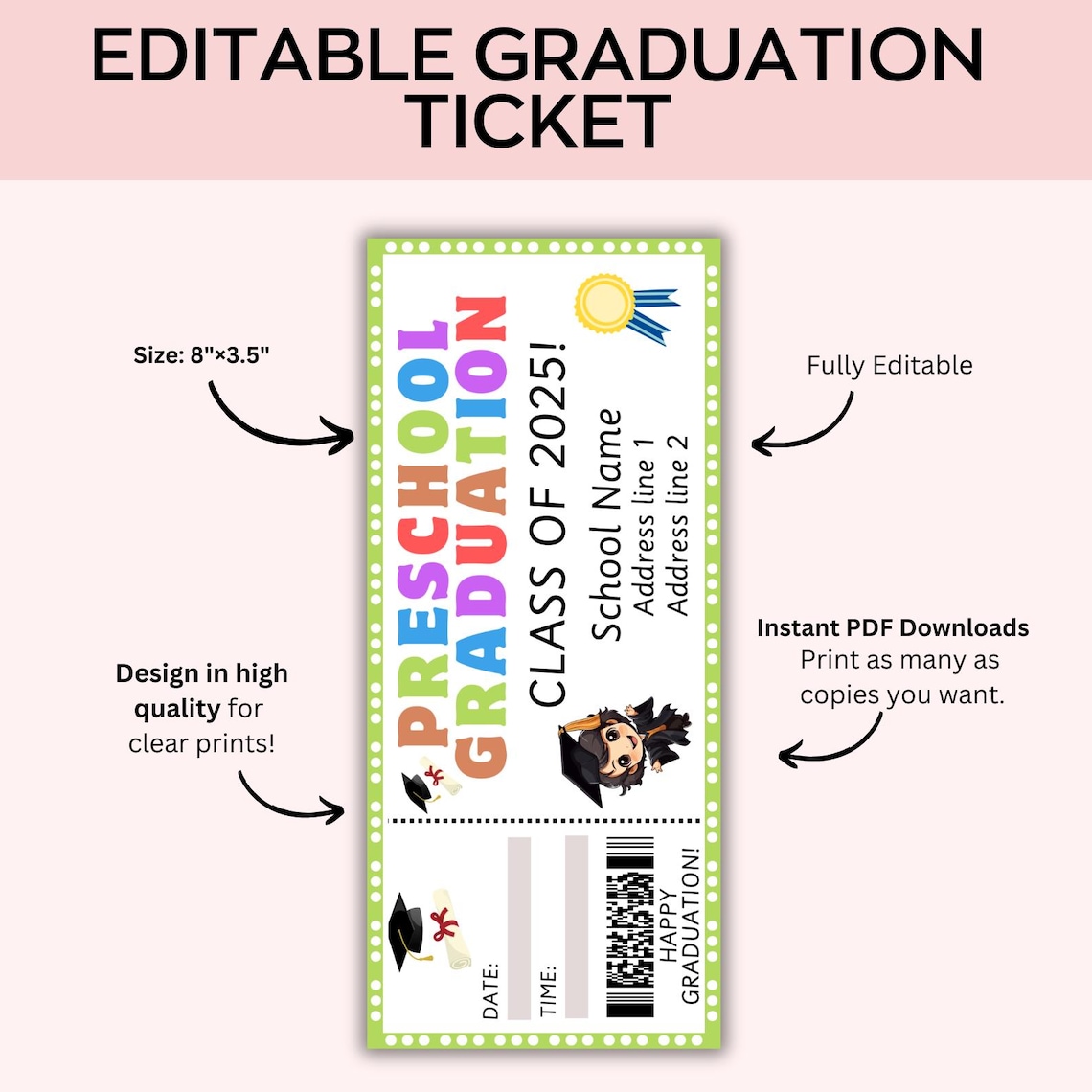 2025 Editable Preschool Graduation Ceremony Ticket Template, Class Grad ...